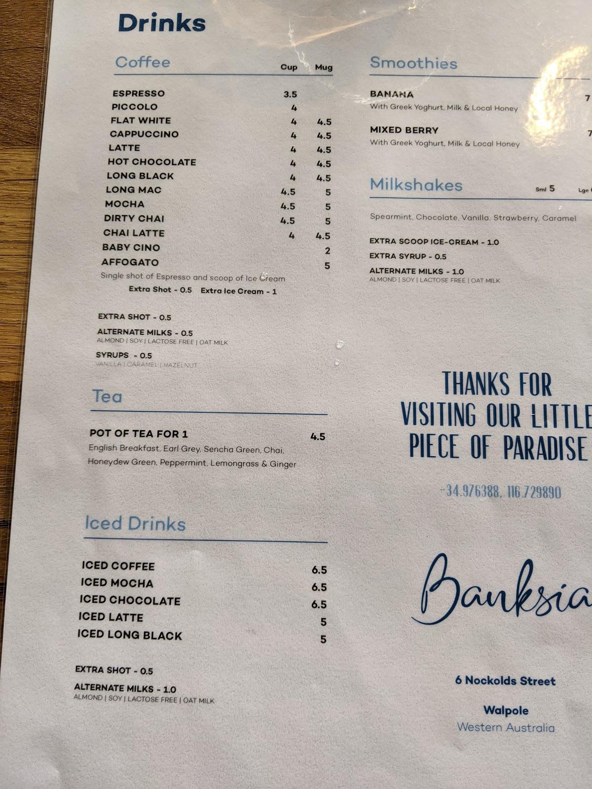 Menu at Banksia Cafe, Walpole