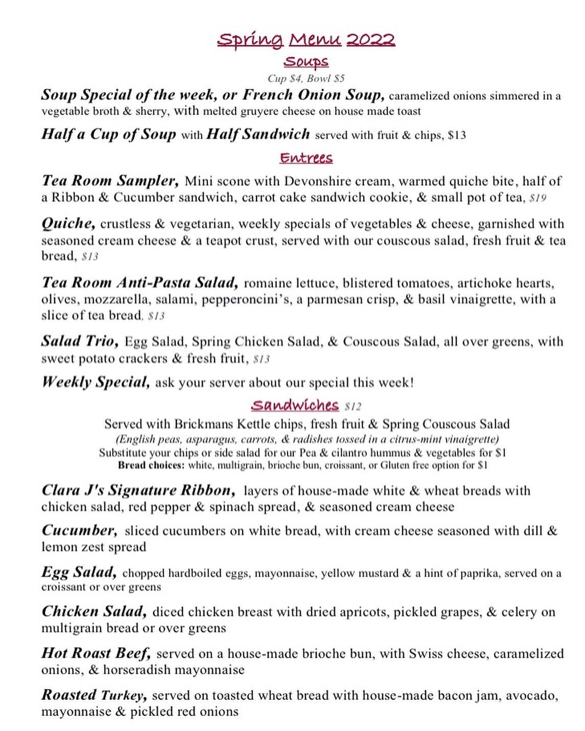 Menu at Clara J's Tea Room restaurant, Maumee