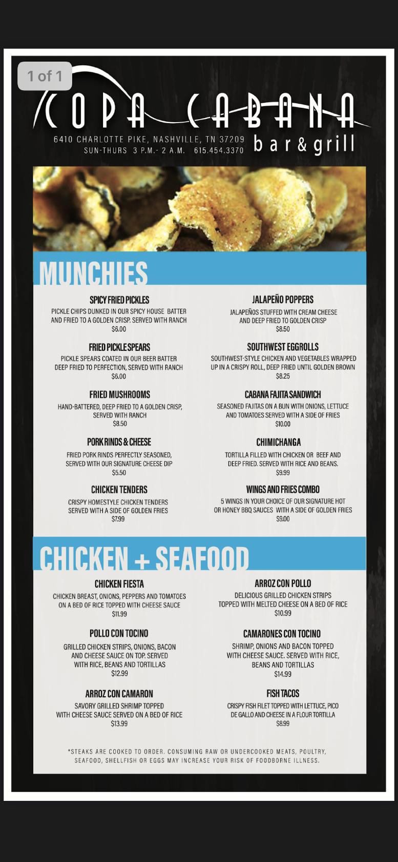 Menu at Copa Cabana Bar and Grill, Nashville
