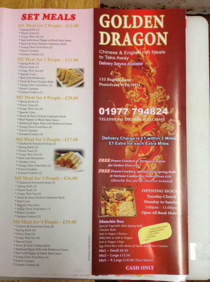 Menu at Golden Dragon fast food, Pontefract