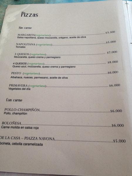 Menu at Piazza Navona restaurant, Bogotá