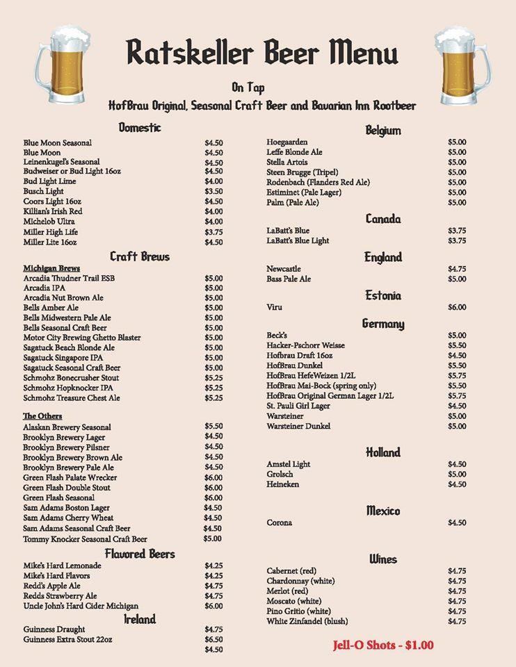 Menu at Ratskeller Cafe, Frankenmuth