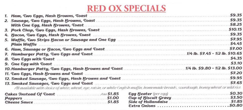 Menu at Red ox cafe, Ham Lake