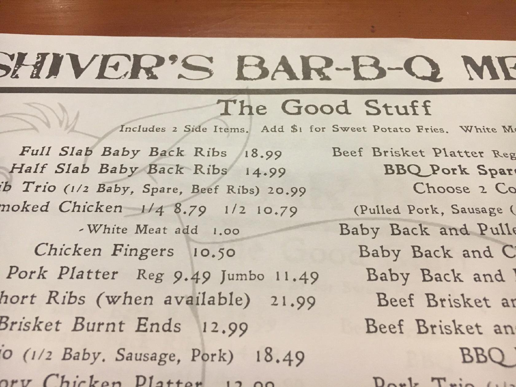 Carta de Shiver's BBQ, Homestead