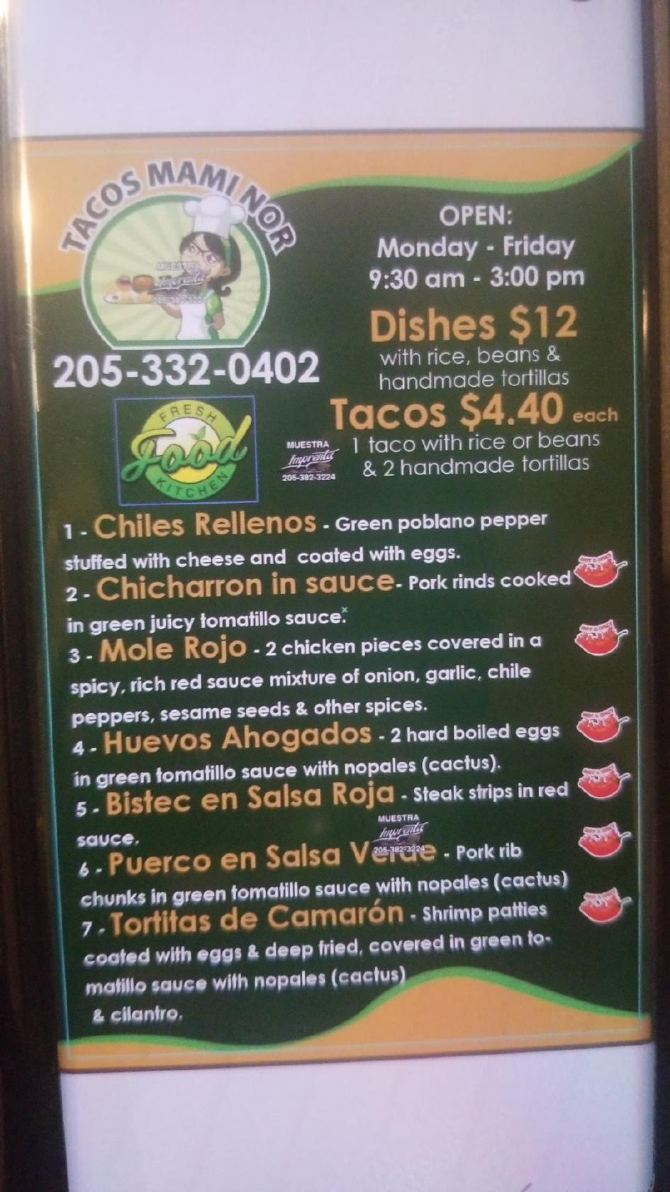 Menu at Tacos Mami Nor restaurant, Birmingham