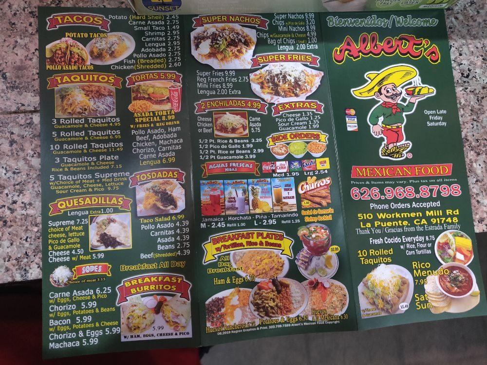 Carta del restaurante Albert's Mexican Food, La Puente, 510 Workman Mill Rd