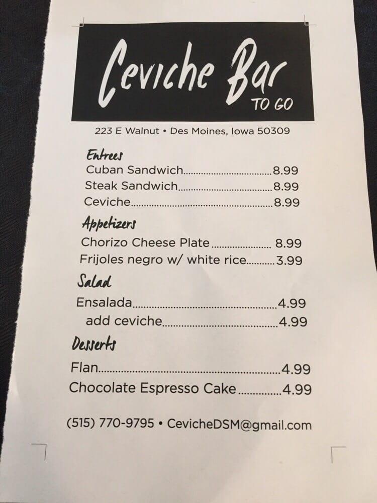 Menu at Ceviche Bar, Des Moines