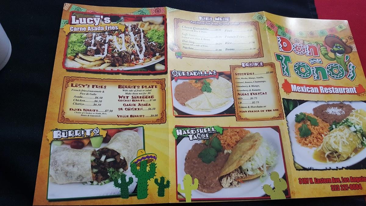 Menu at Don Toño's restaurant, Los Angeles, N Eastern Ave