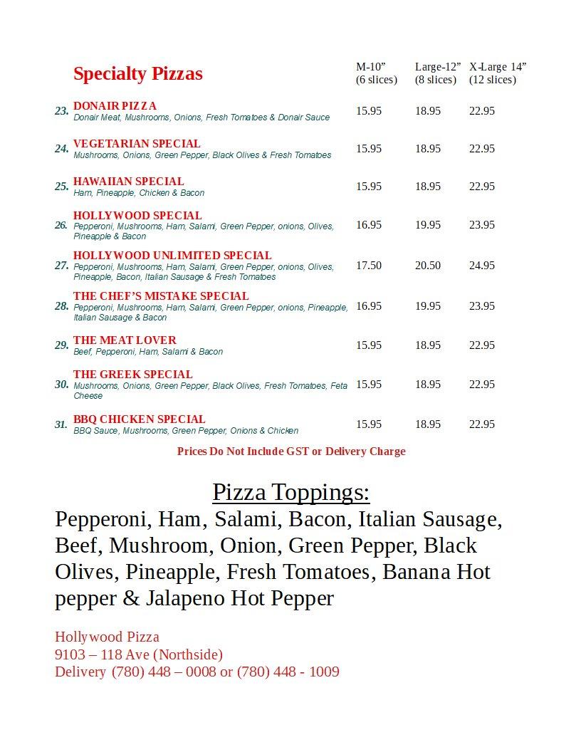 Menu at Hollywood Pizza pizzeria, Edmonton, 118 Ave NW