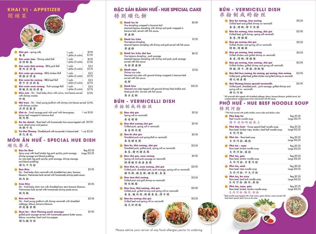 Menu at Hue Thuong Restaurant, Calgary