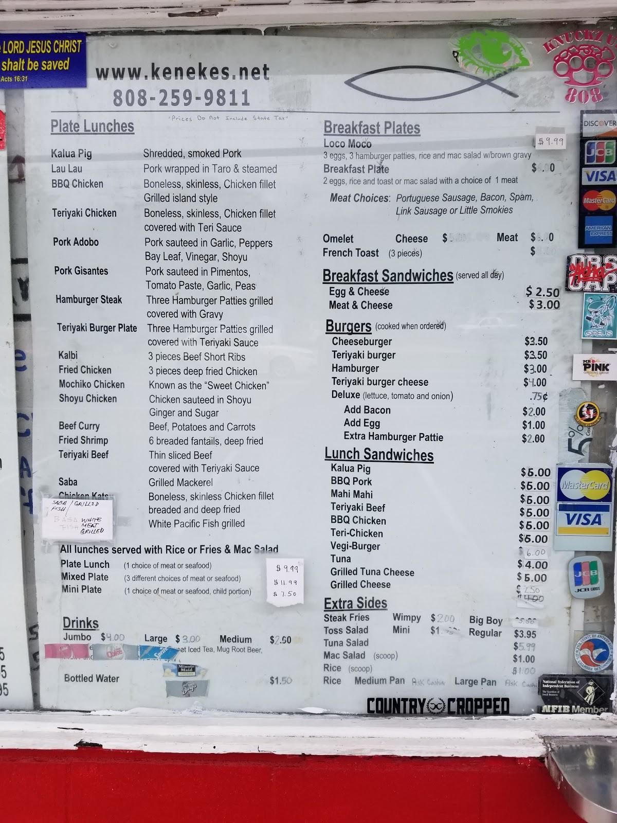 Menu at Keneke's restaurant, Waimanalo, 41-685 Kalanianaʻole Hwy