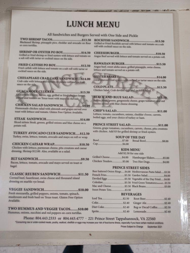 Menu at Prince Street Café at Hobbs Hole cafe, Tappahannock