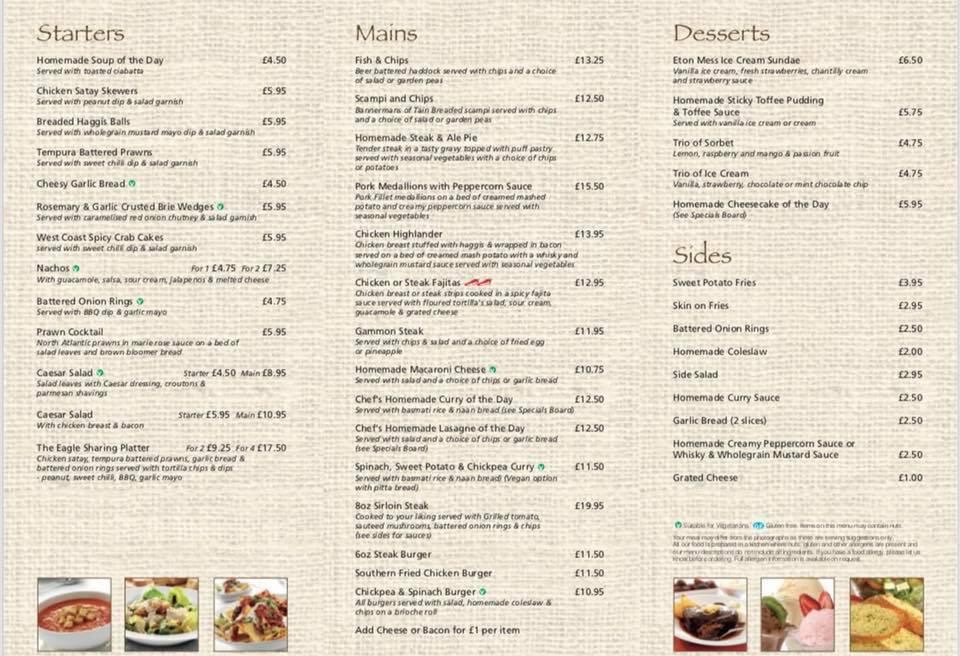 Menu at Eagle Hotel Bar, Dornoch, Dornoch