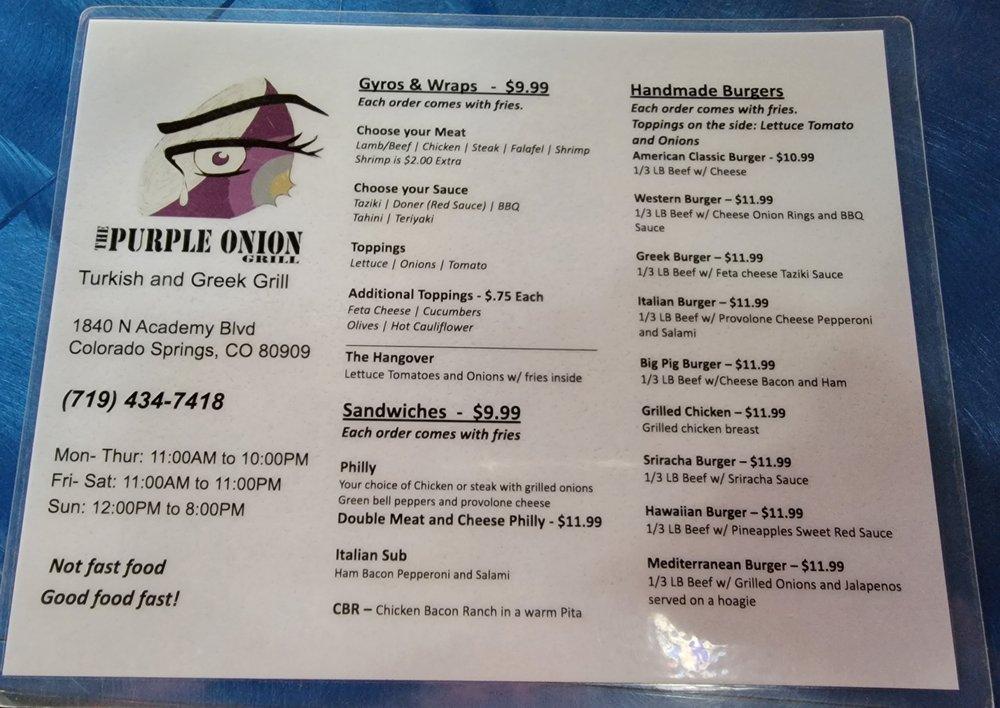 Menu at The Purple Onion restaurant, Colorado Springs, N Academy Blvd