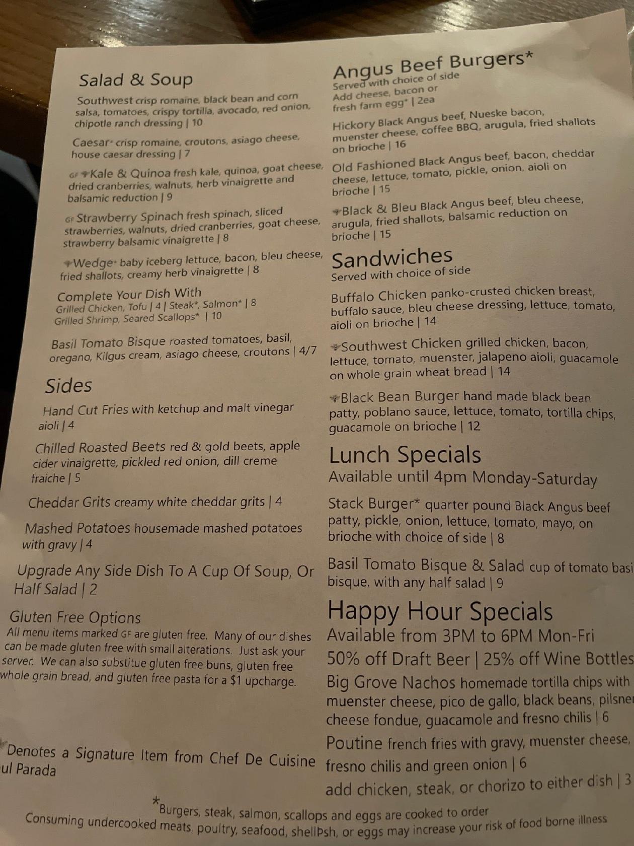 Menu at Big Grove Tavern pub & bar, Champaign