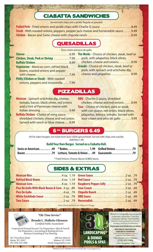 Carta del pub y bar Fat Jake's, Malone
