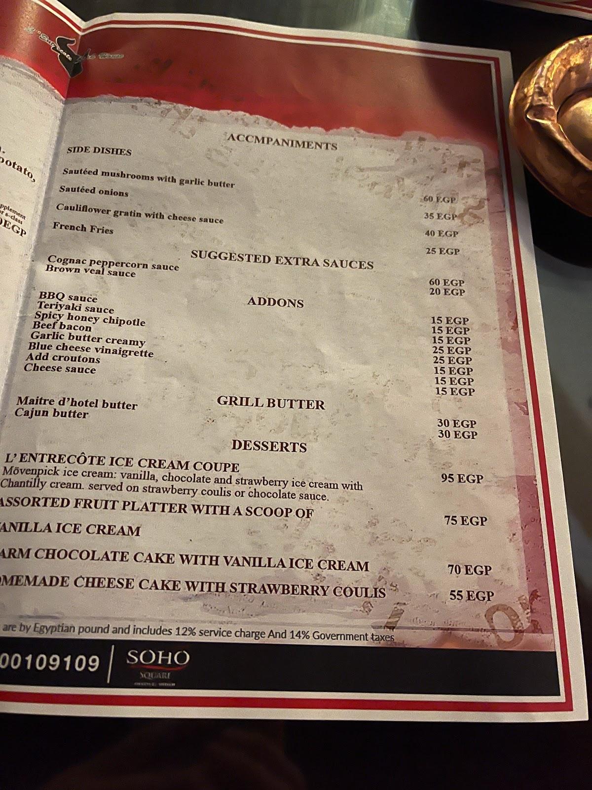 Menu at L' Entrecote Steak House steakhouse, Sharm El-Sheikh