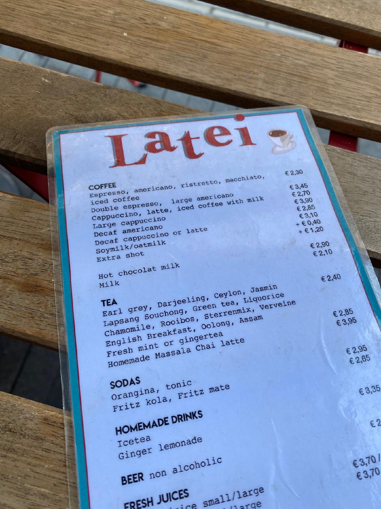 Menu at Latei, Amsterdam