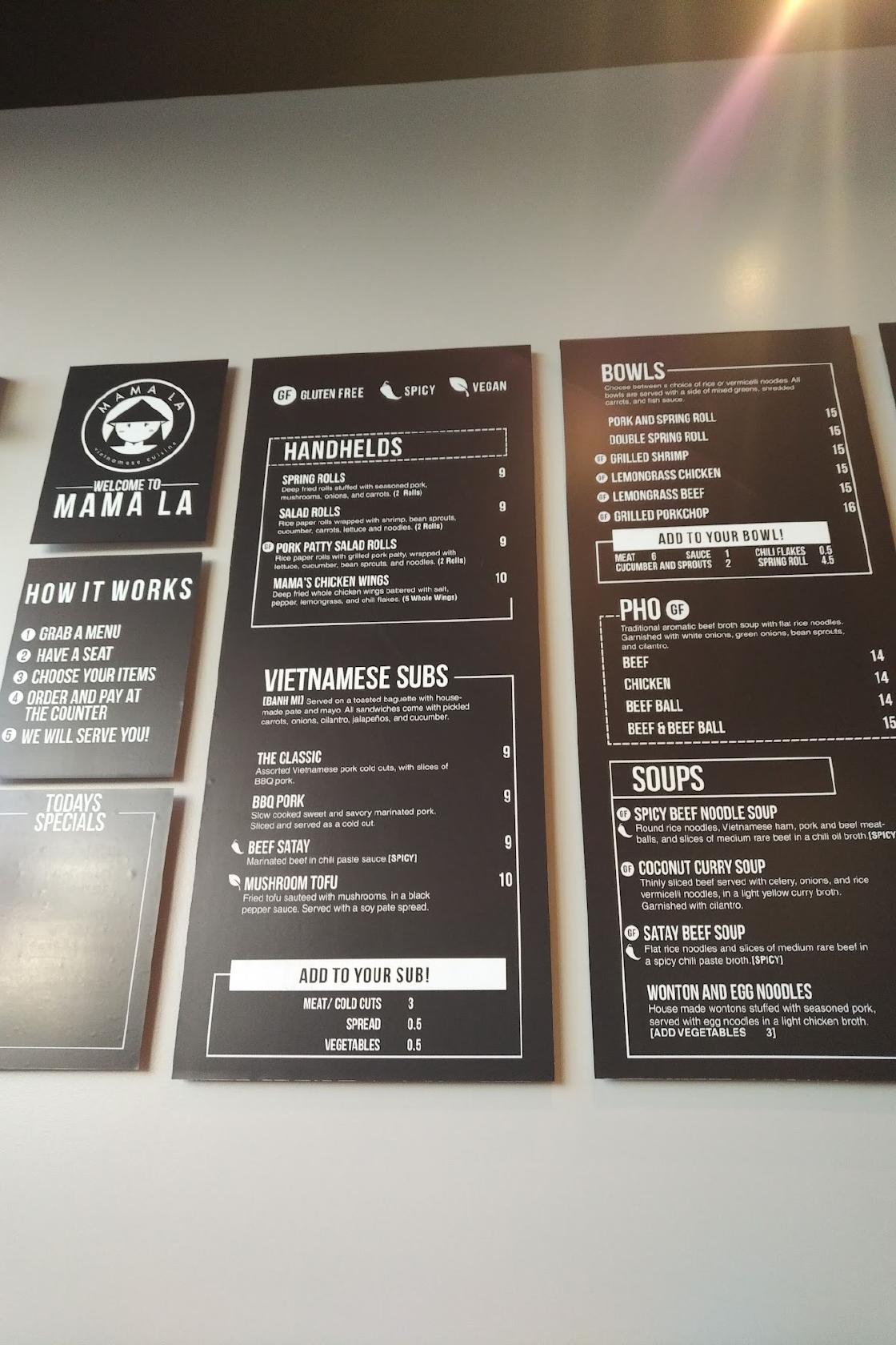 Menu at MAMA LA Vietnamese Cuisine restaurant, Lethbridge