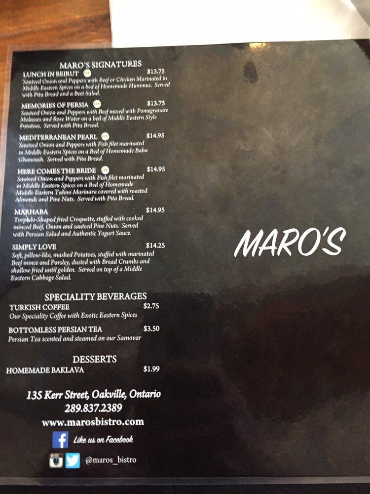 Menu at Maro's restaurant, Oakville