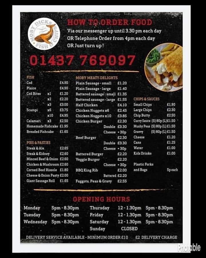 Menu at Moby Dicks Famous Fish and Chips restaurant, Haverfordwest