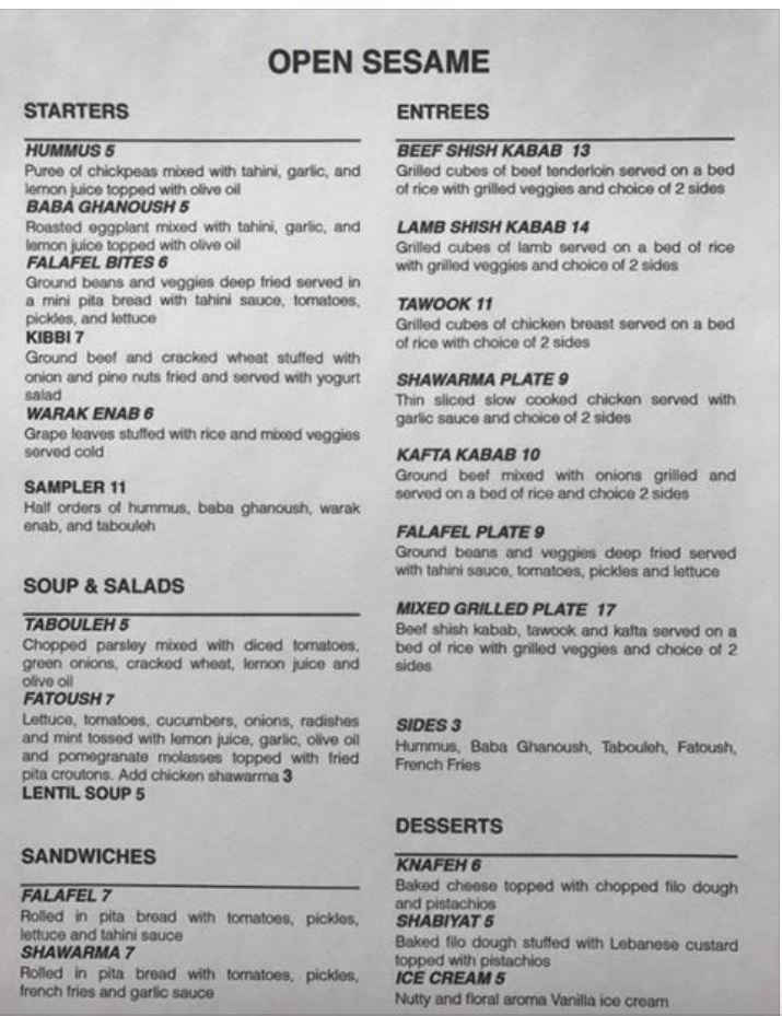 Menu at Open Sesame Lebanese Grill restaurant, Dallas