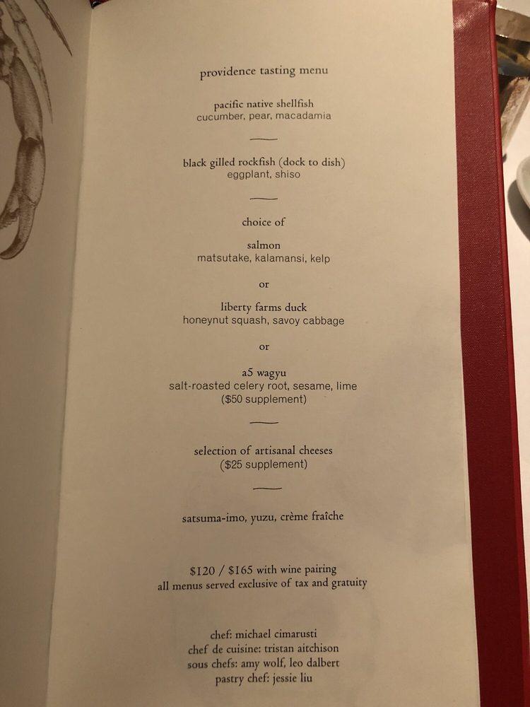 Menu at Providence restaurant, Los Angeles