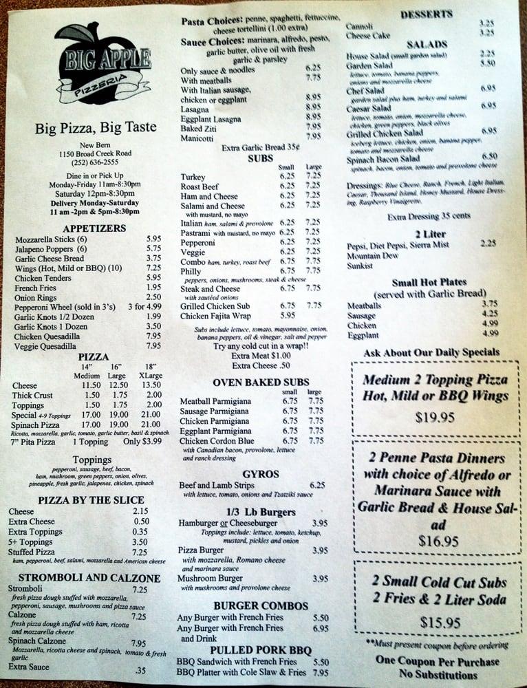 Menu at Sara's pizzeria, New Bern