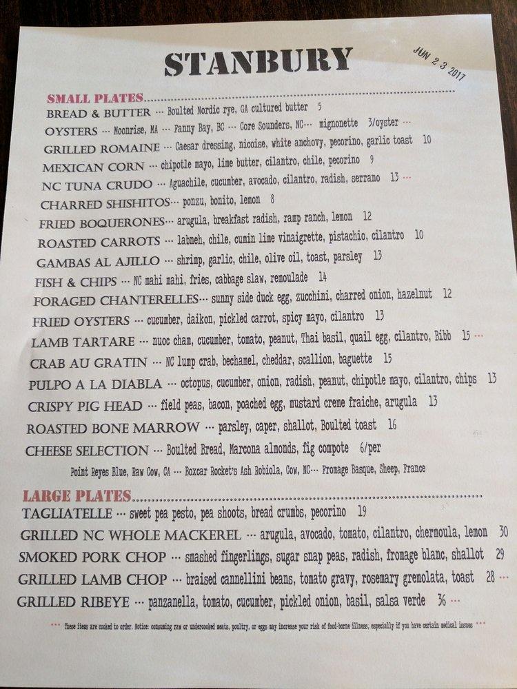 Carta del restaurante Stanbury, Raleigh
