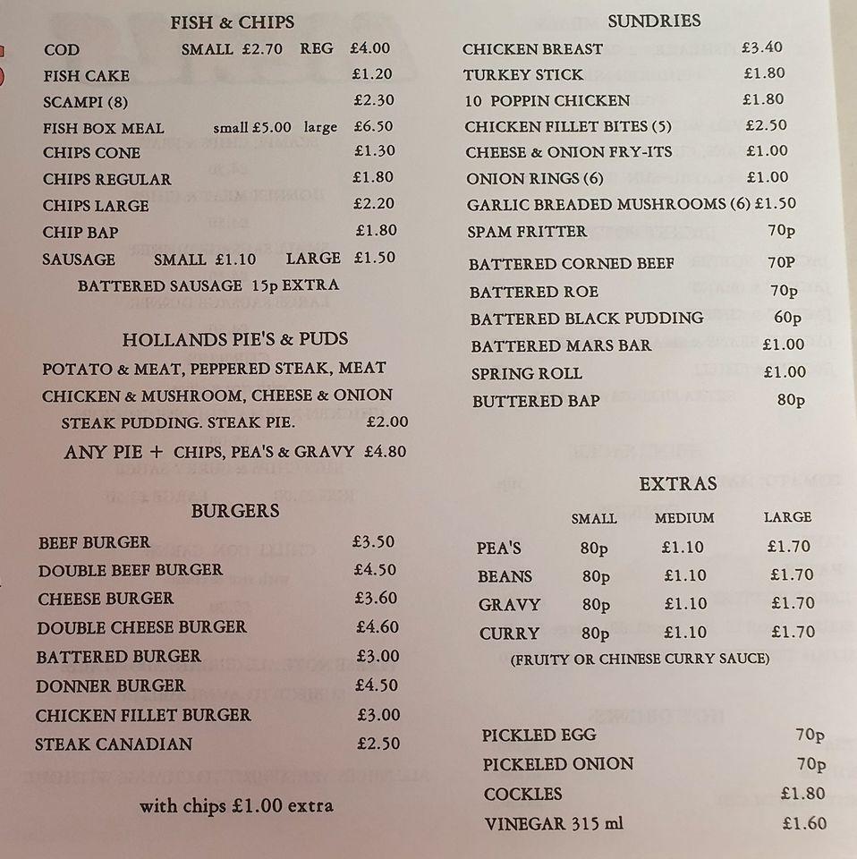 Menu at Sunny Sands Caravan Park Chip Shop restaurant, Prestatyn