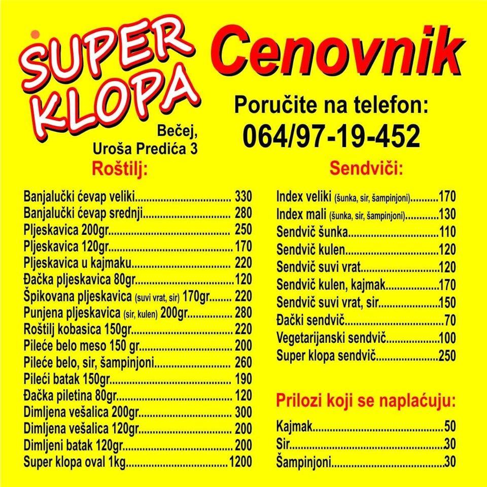 Menu at Super Klopa restaurant, Bečej
