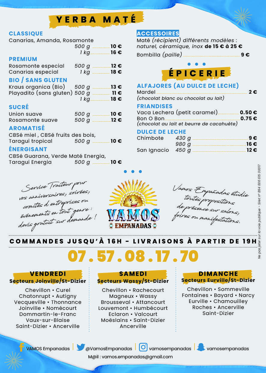 Menu at Vamos Empanadas restaurant, Chevillon