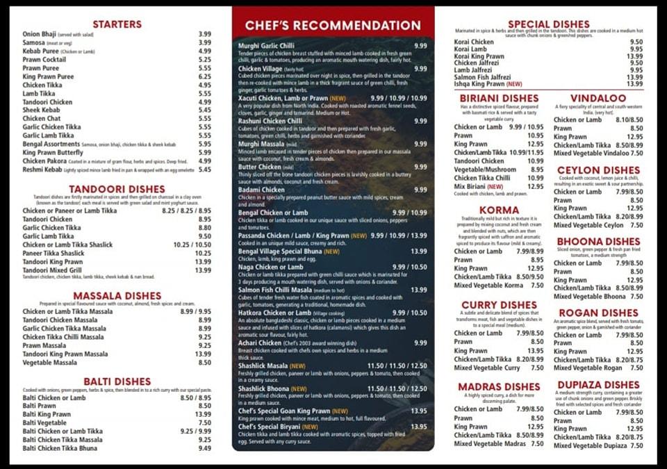 Menu at Bengal Village Lingfield restaurant, Lingfield