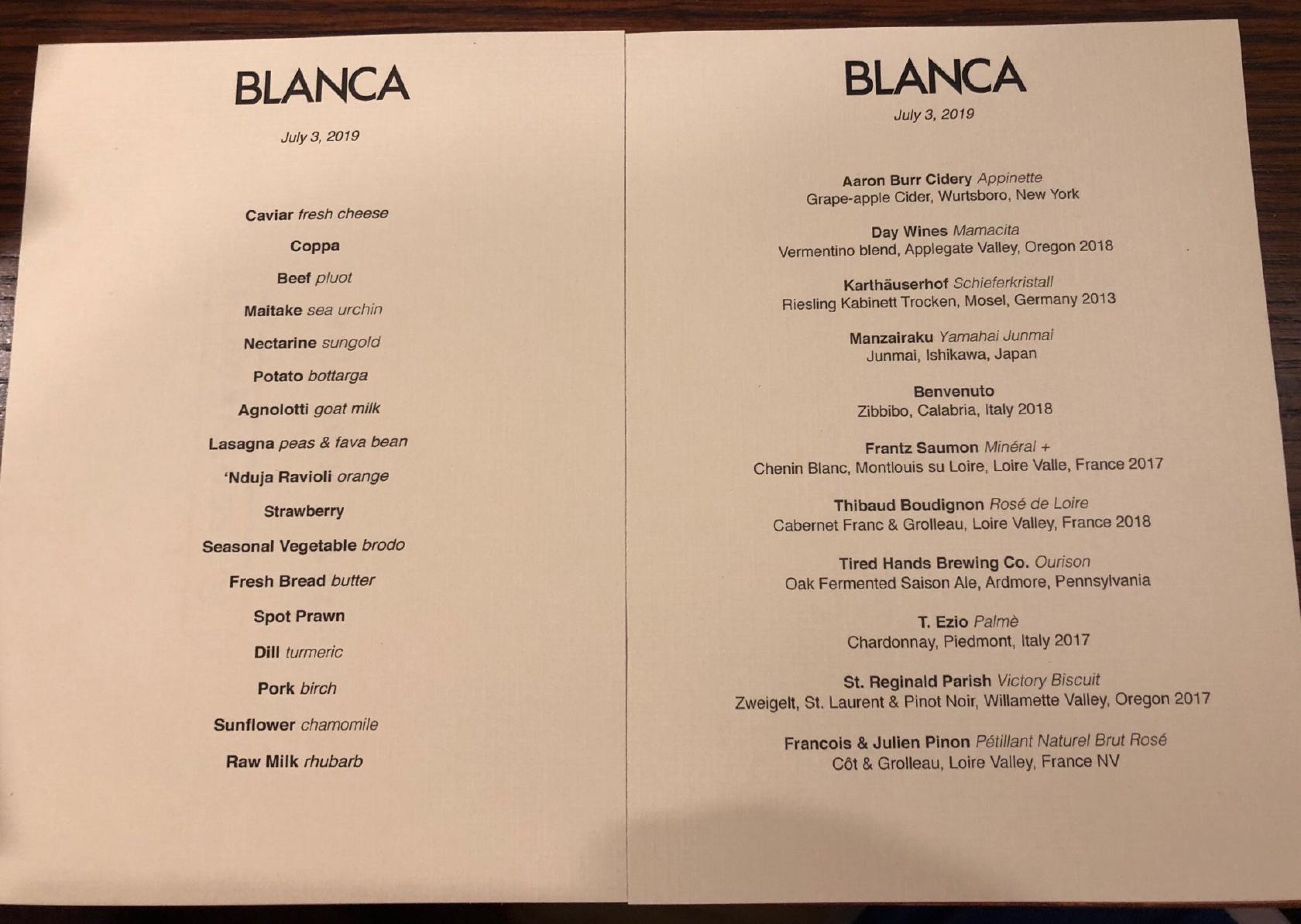 Menu at Blanca restaurant, New York City, 261 Moore St