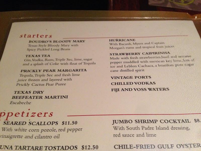Menu at Boudro's on the Riverwalk steakhouse, San Antonio