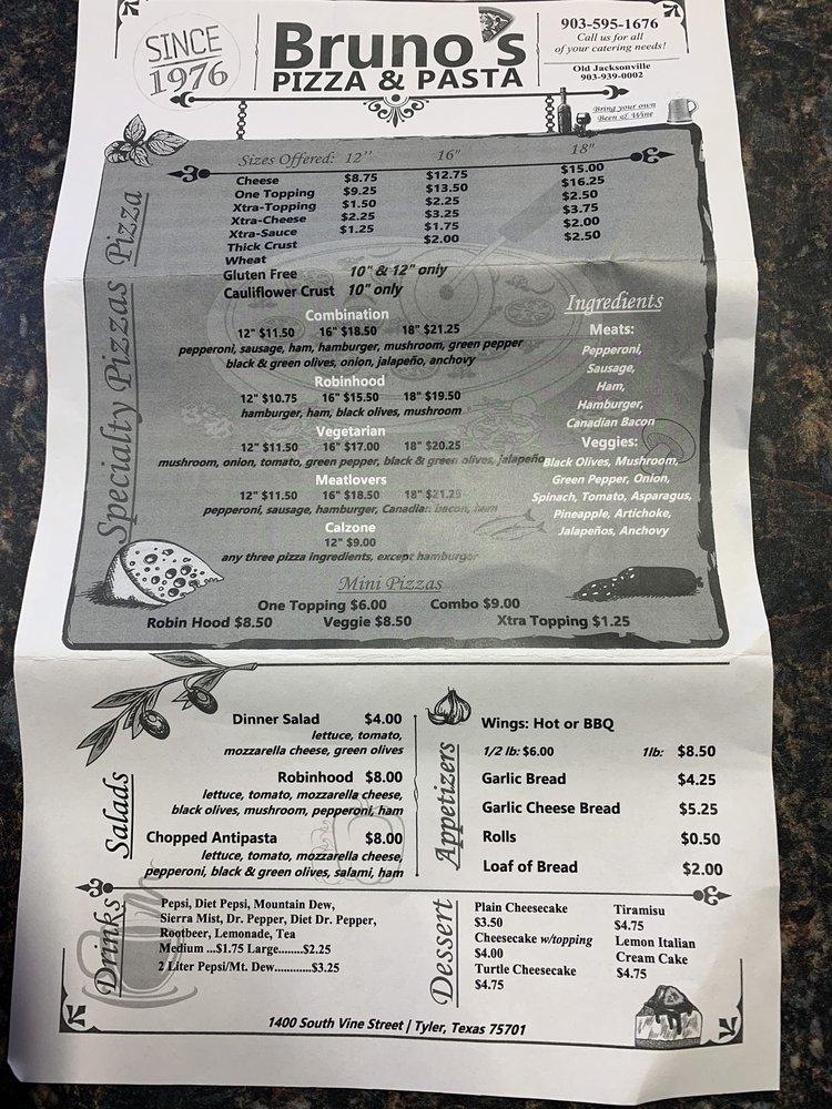 Menu at Bruno's Pizza pizzeria, Tyler, S Vine Ave