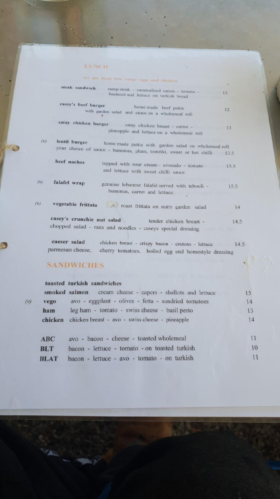 Menu at Casey's Cafe, Narooma