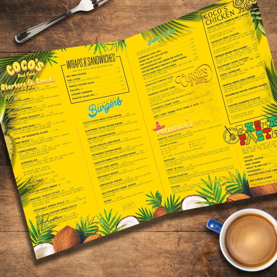 Carta del café Coco's Soul Food, Preston