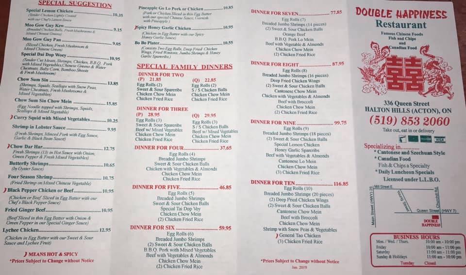 Menu at Double Happiness Restaurant, Acton