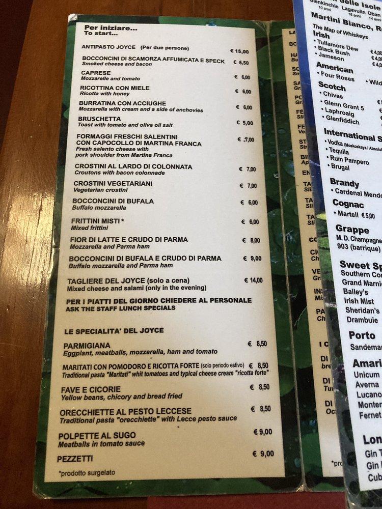 Menu at Joyce Irish Pub, Lecce