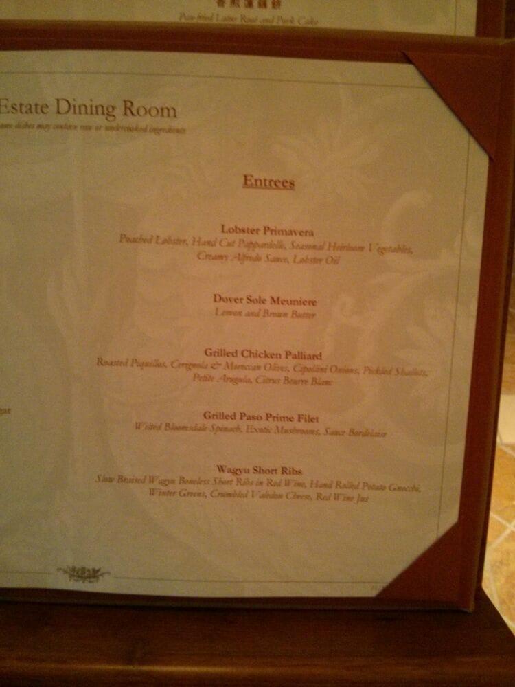 Menu at Mansion Dining Room restaurant, Las Vegas