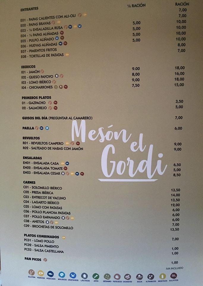 Menu at Meson el gordi pub & bar, Spain