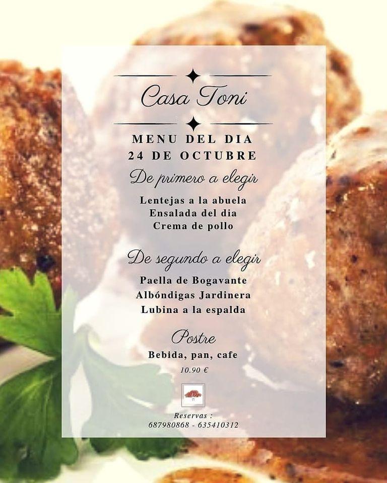 Carta del restaurante Casa Toni, Paterna, Conde Montornes