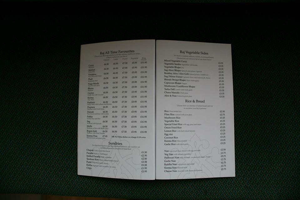 Menu at The Raj restaurant, Loddon