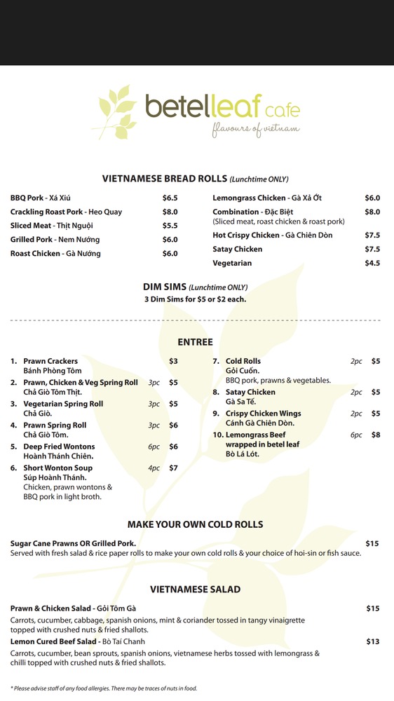 Menu at Betel Leaf Cafe, Seaton