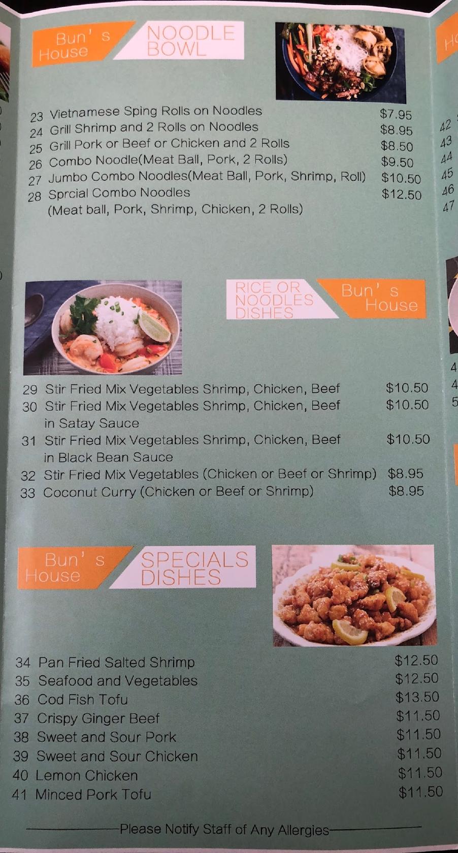Menu at Bun's House Restaurant, Saskatoon