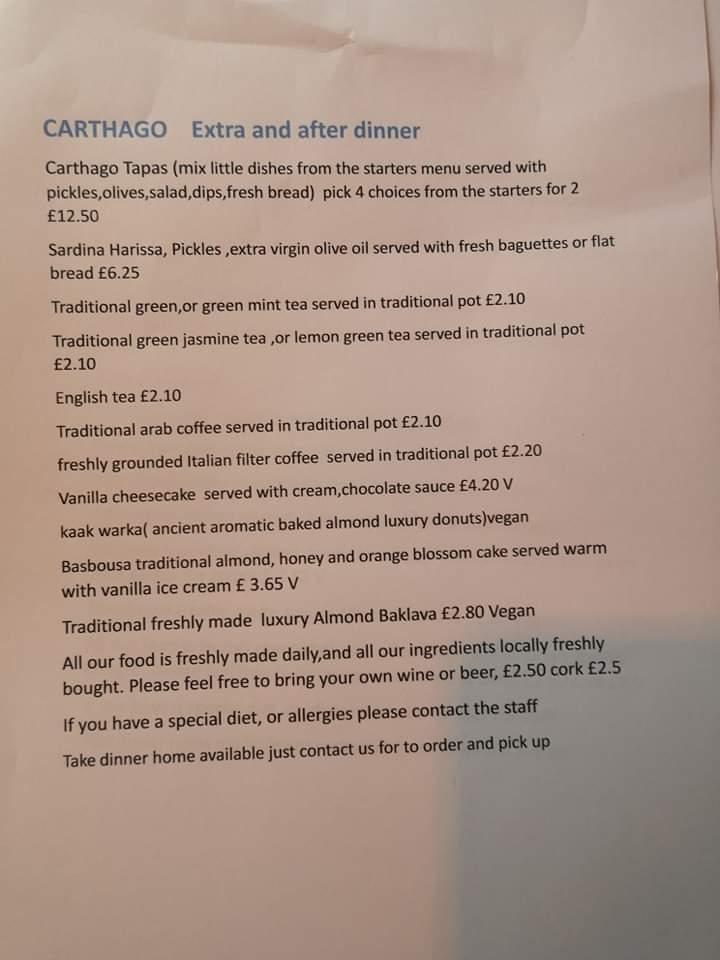 Menu at Carthago Restaurant, Moira