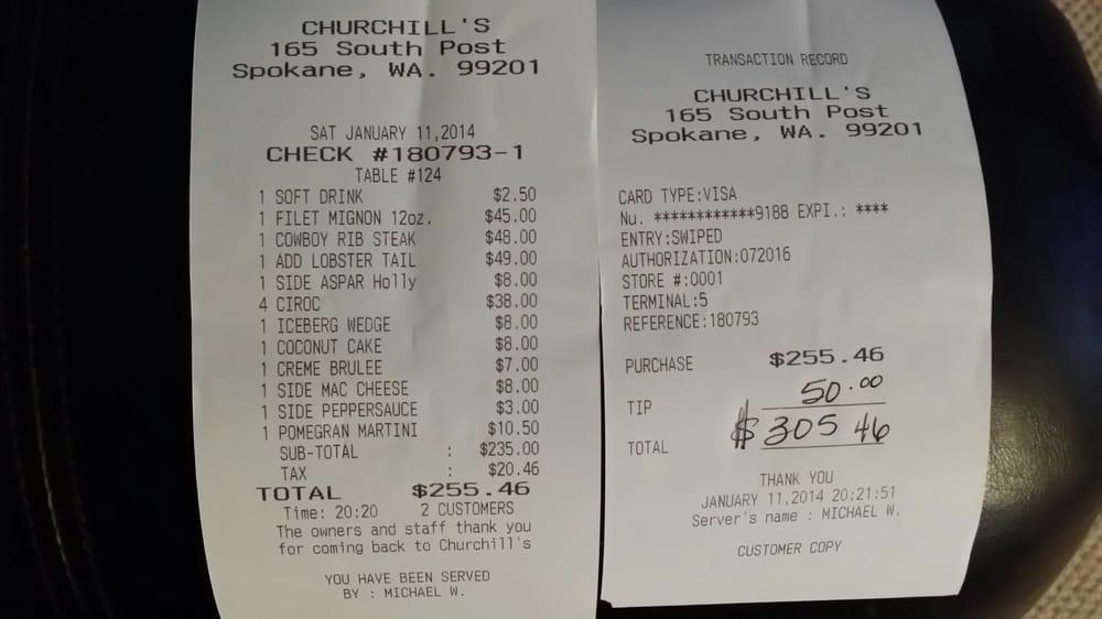 Menu at Churchill's Steakhouse, Spokane