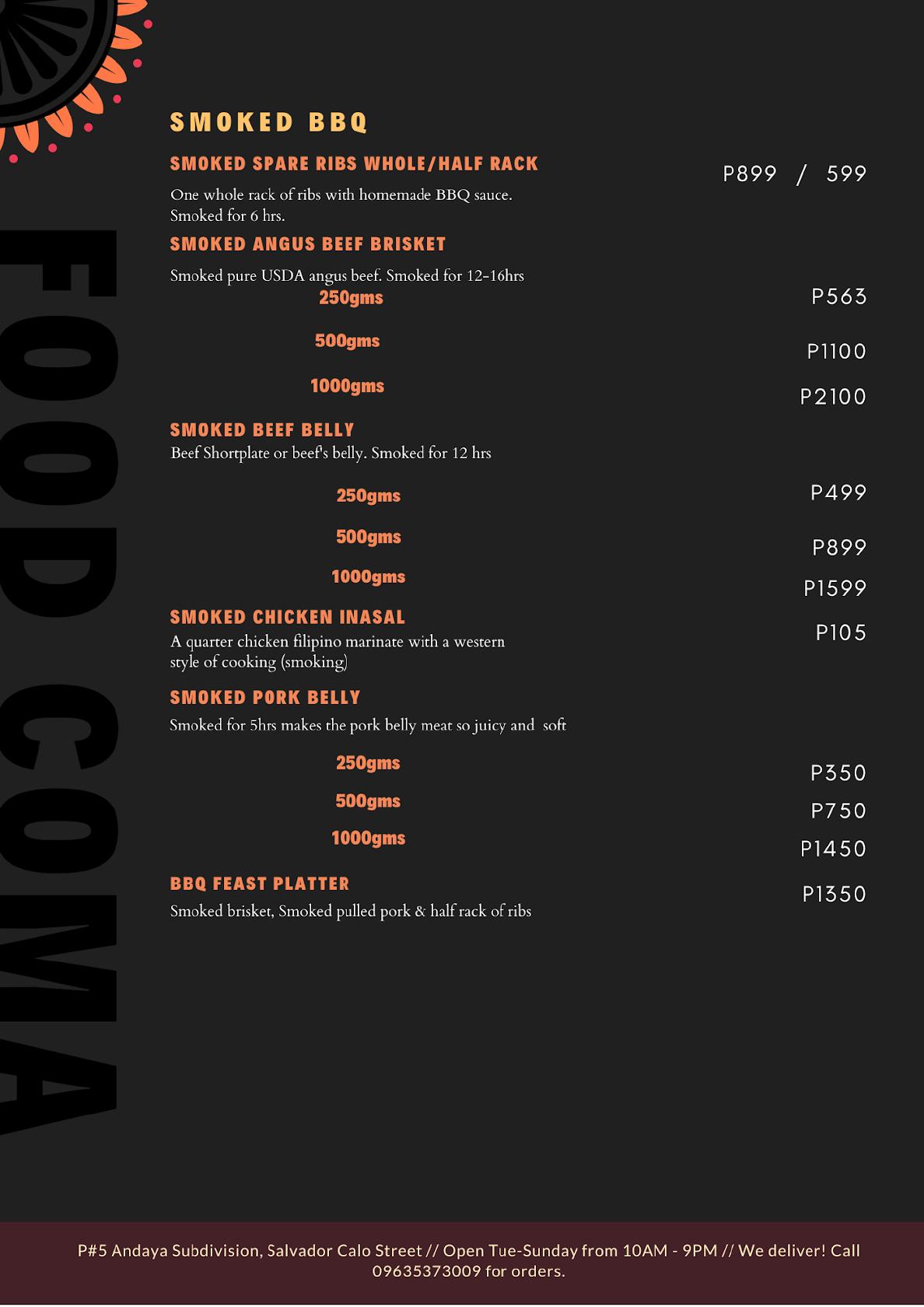 Menu at Food Coma restaurant, Butuan City