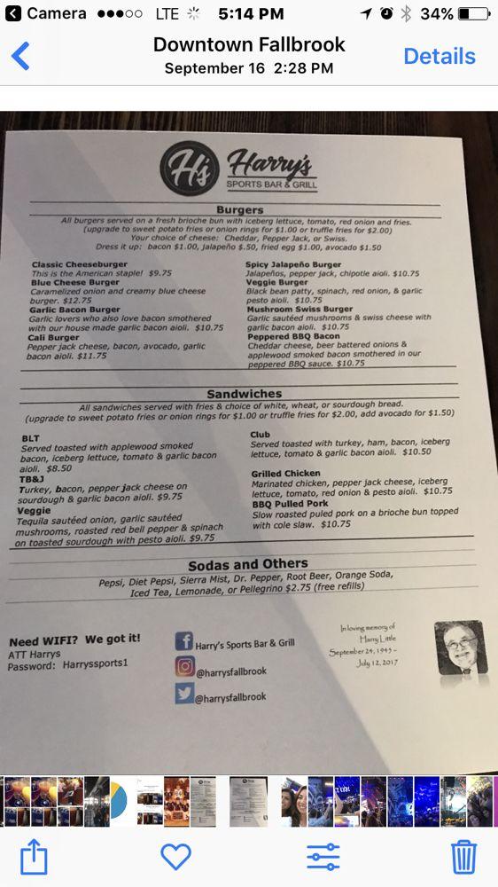 Menu at Harry's Sports Bar & Grill, Fallbrook